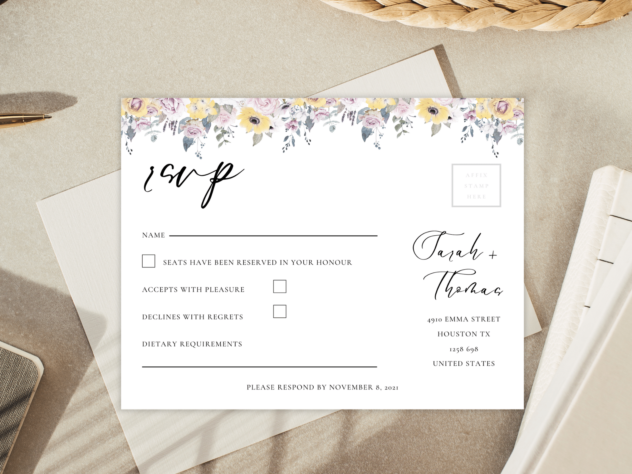 French Mustard Yellow And Lavender RSVP Card - Plan In Love
