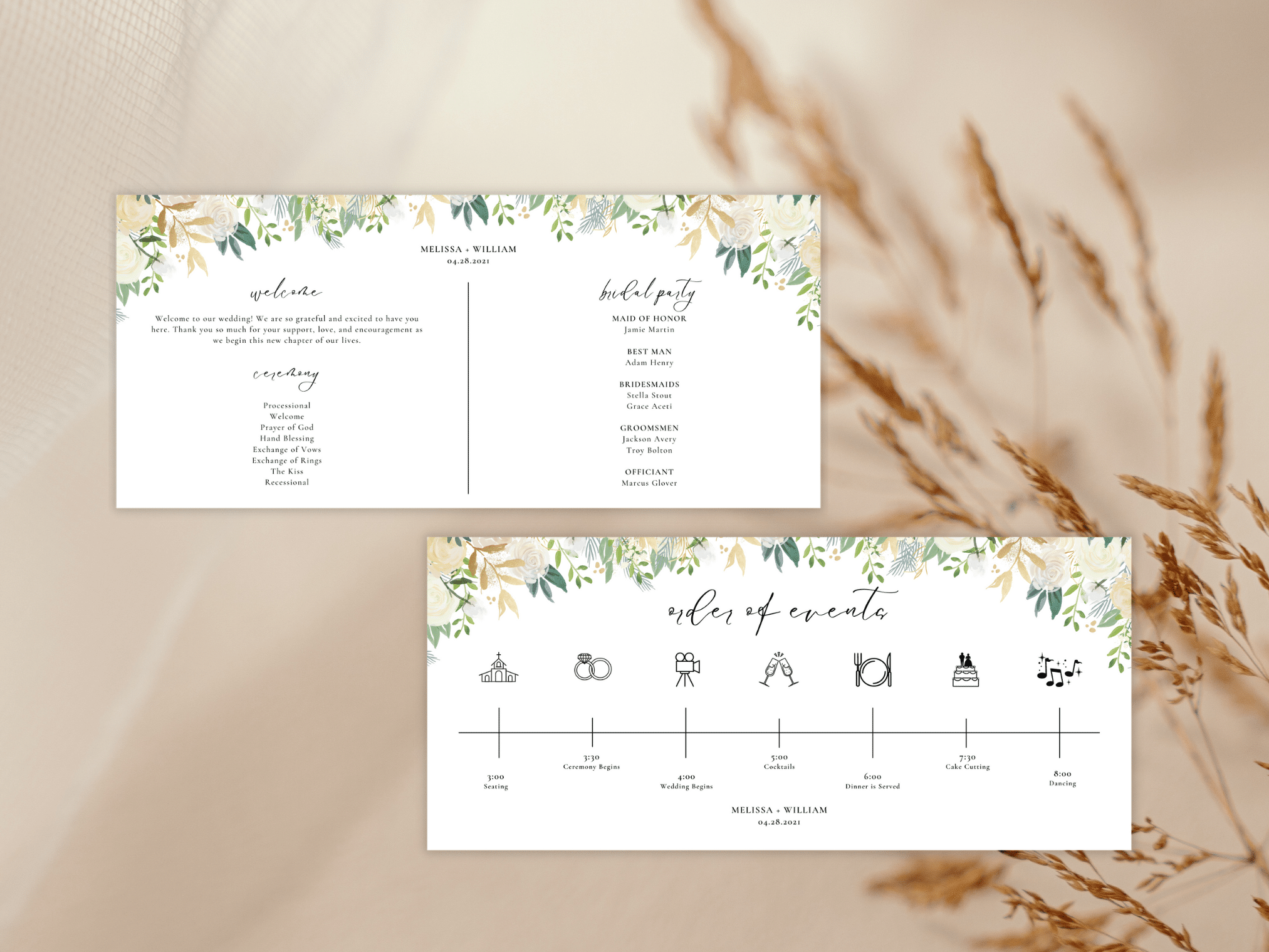 Modern Sage Green and Gold Wedding Program Card (Slimmed) - Plan In Love