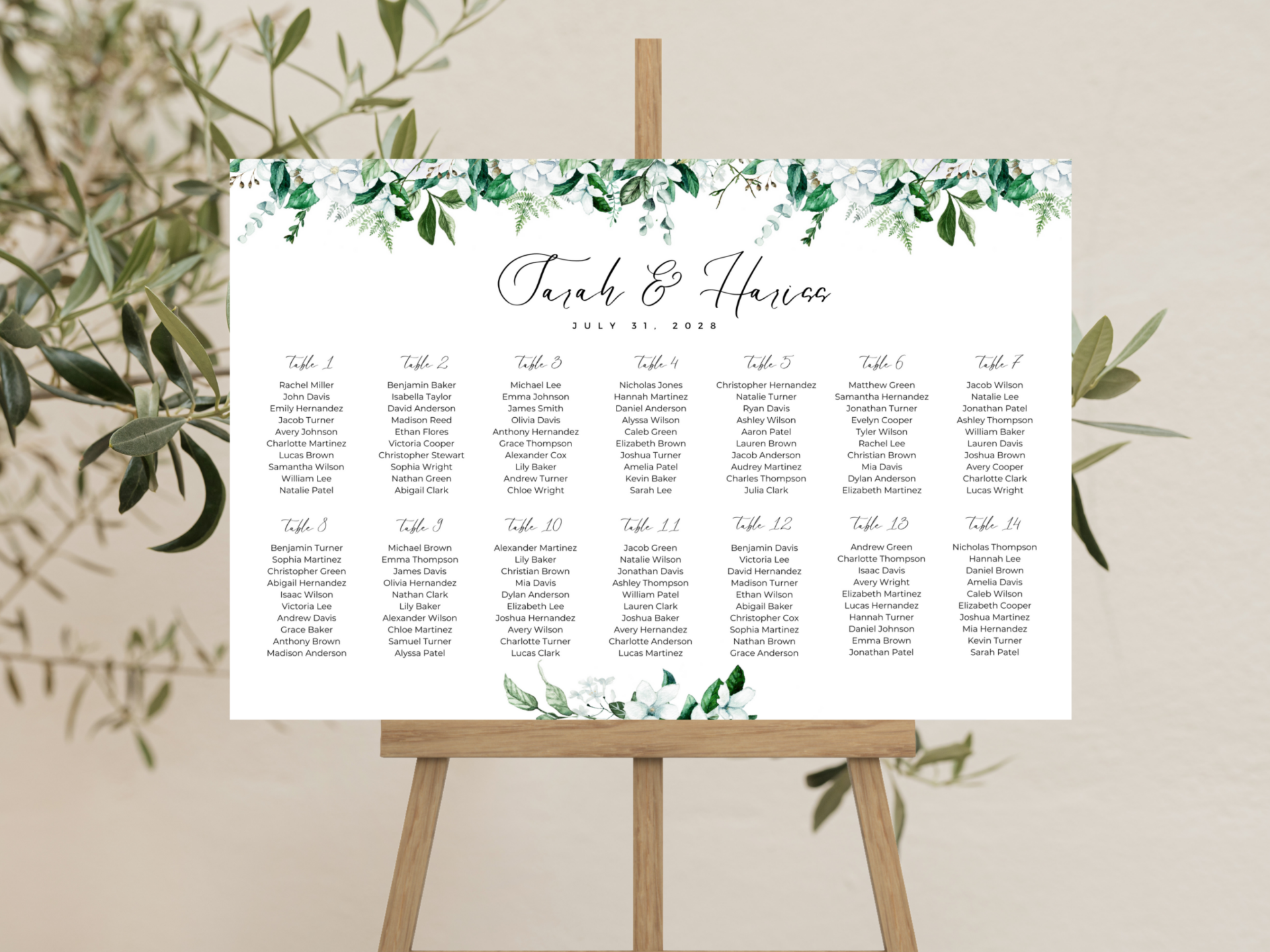 Lush Organic Green and White Wedding Horizontal Seating Chart - Plan In ...